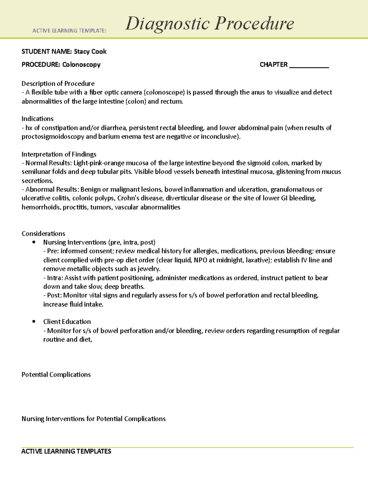 ATI Diagnostic Procedure- Colonoscopy - STUDENT NAME: Stacy Cook ...
