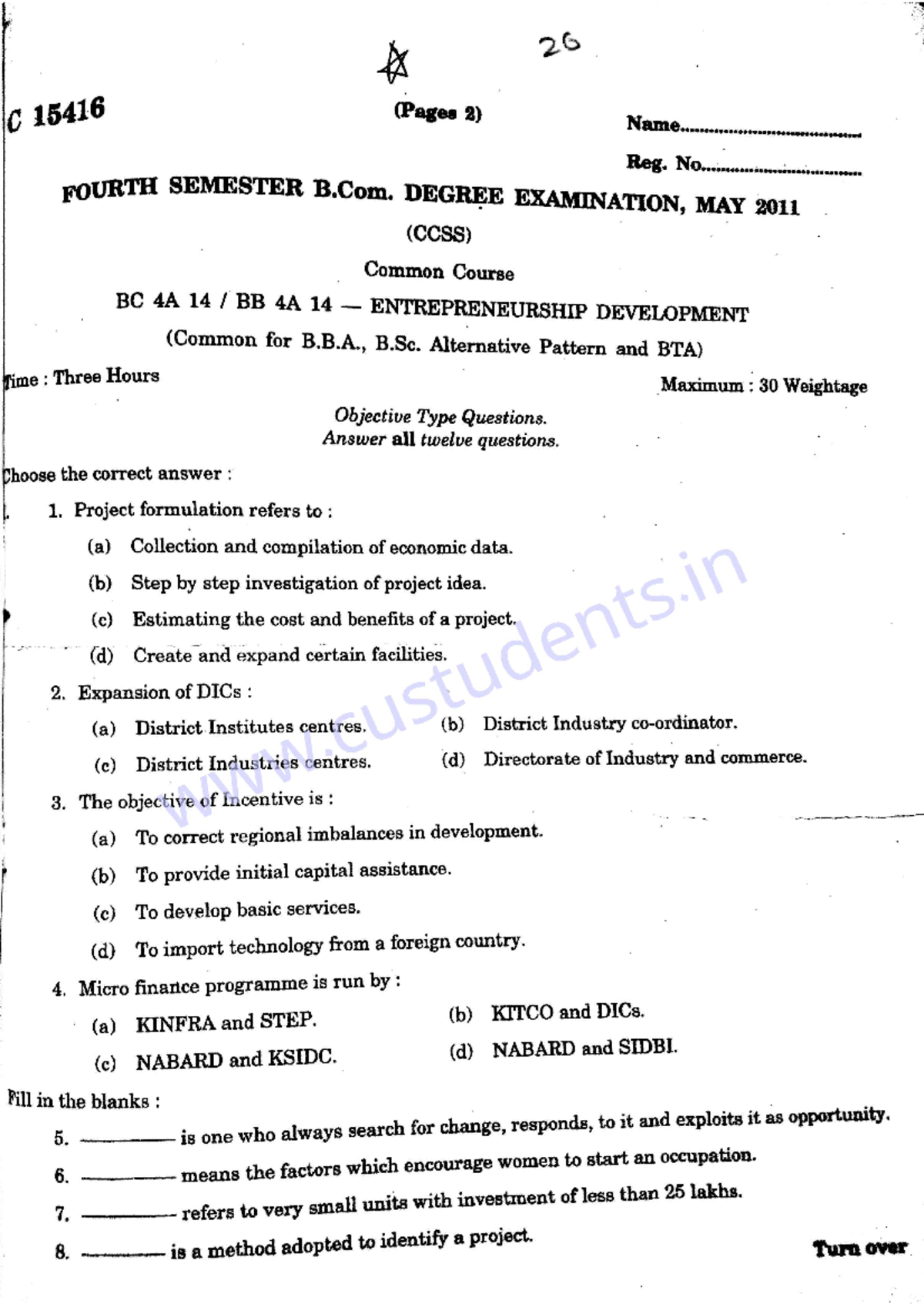 S4y11 ED - Question papper - B.COM - Studocu
