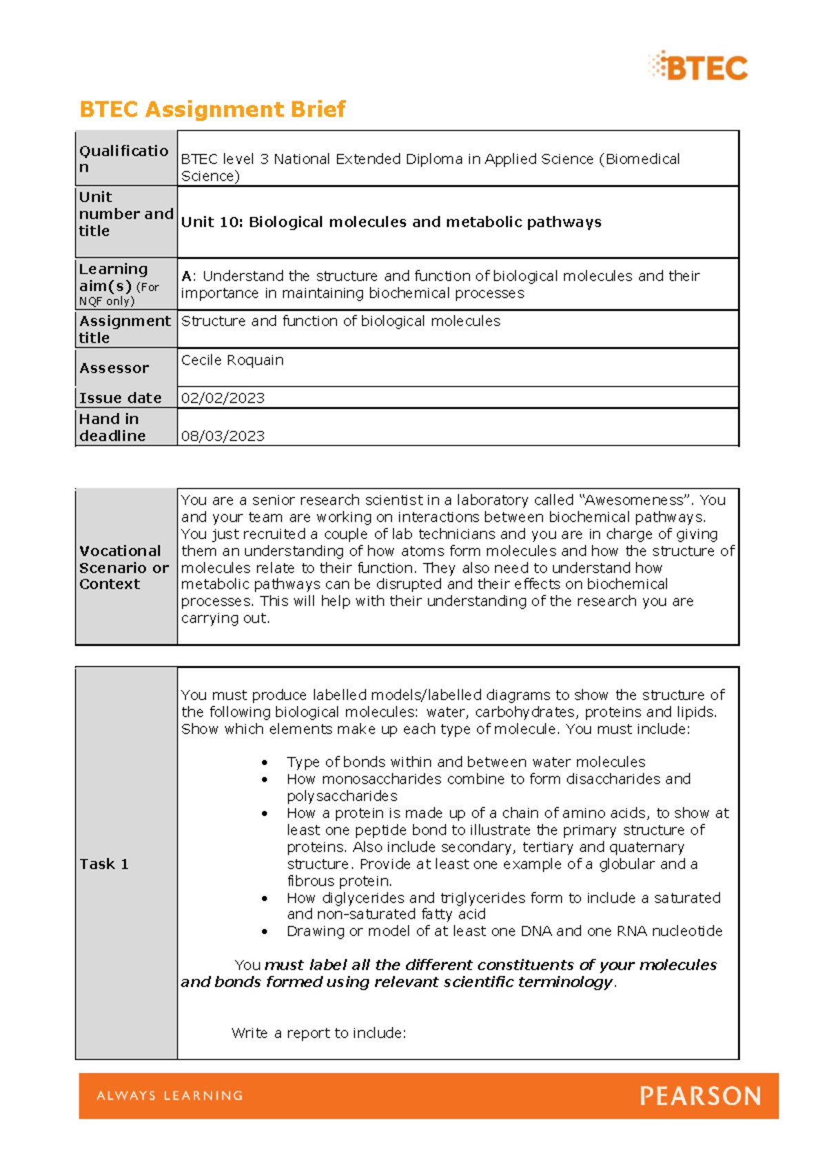 BTEC Assignment 10 A - BTEC Assignment Brief Qualificatio n BTEC level ...
