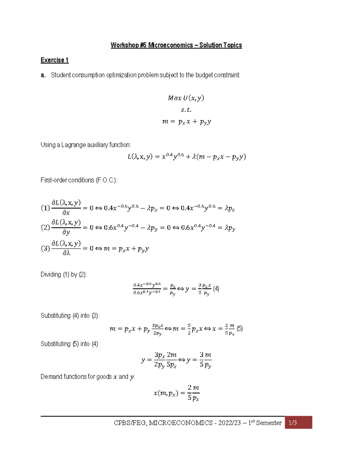 WS#5 Solution Topics(1).pdf - CPBS/FEG, MICROECONOMICS - 2022/23 – 1st Semester 1/ Workshop #5 ...
