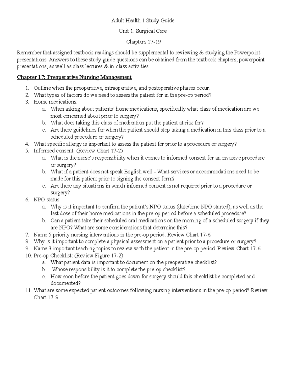 AH1 Unit 12 Surgical Study Guide - Adult Health 1 Study Guide Unit 1 ...