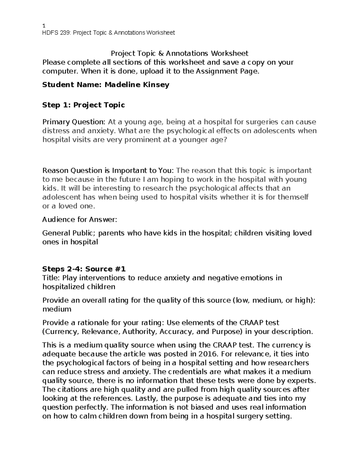 Project Topic Worksheet 1 - HDFS 239: Project Topic & Annotations ...