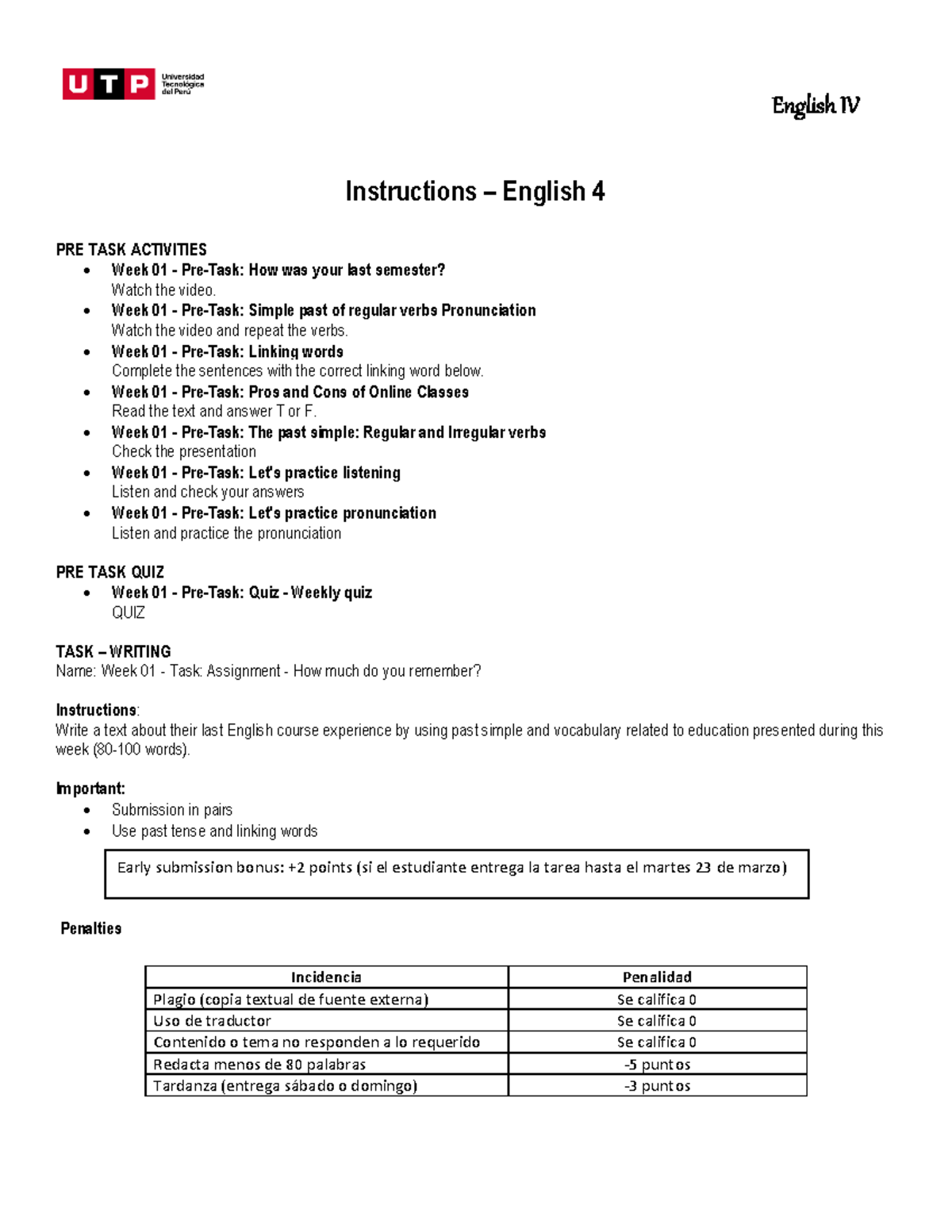 S01 - Task instructions - English IV Instructions – English 4 PRE TASK ...