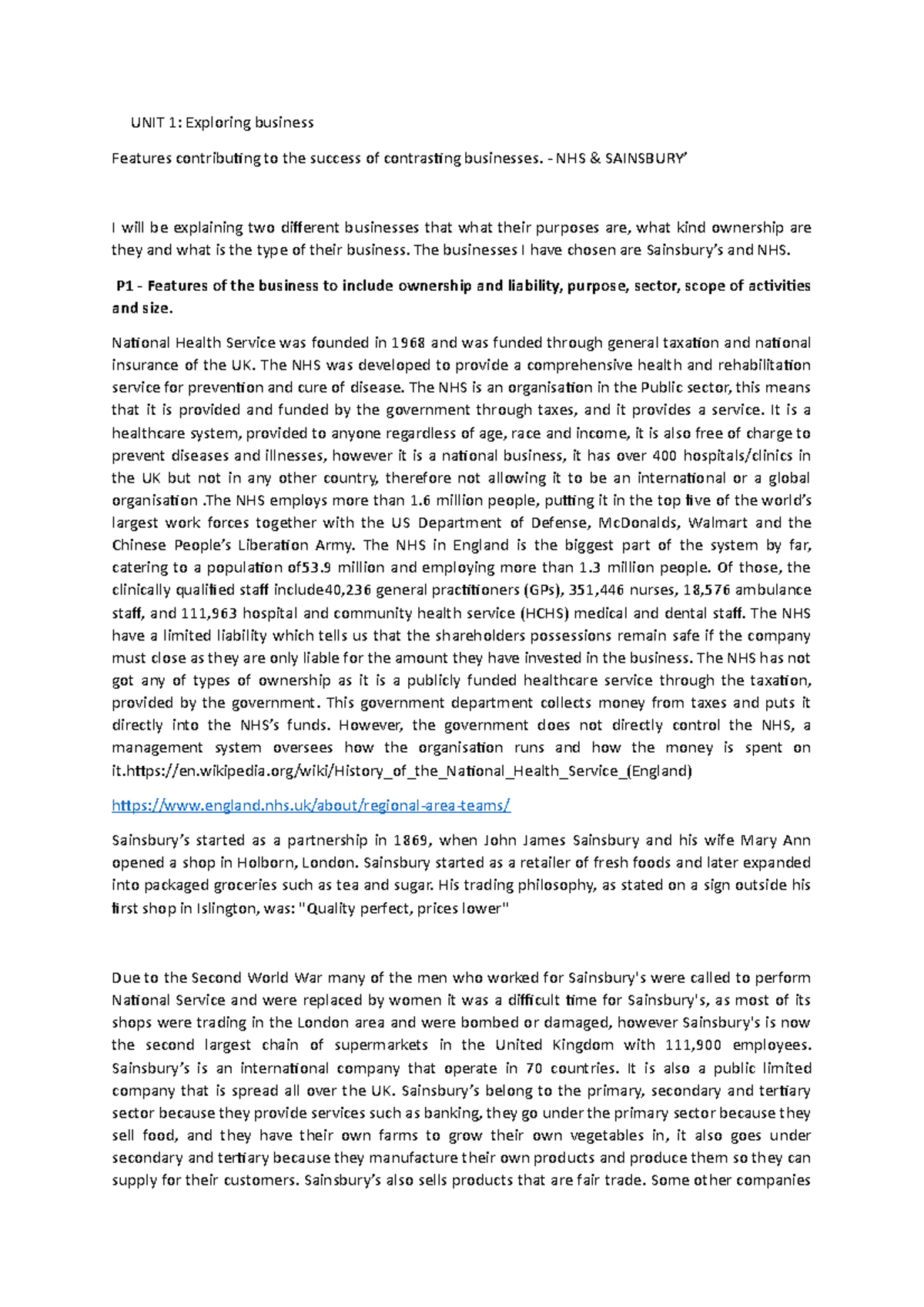 UNIT 1 NHS Saisuburys - UNIT 1: Exploring business Features contributing to the success of - Studocu