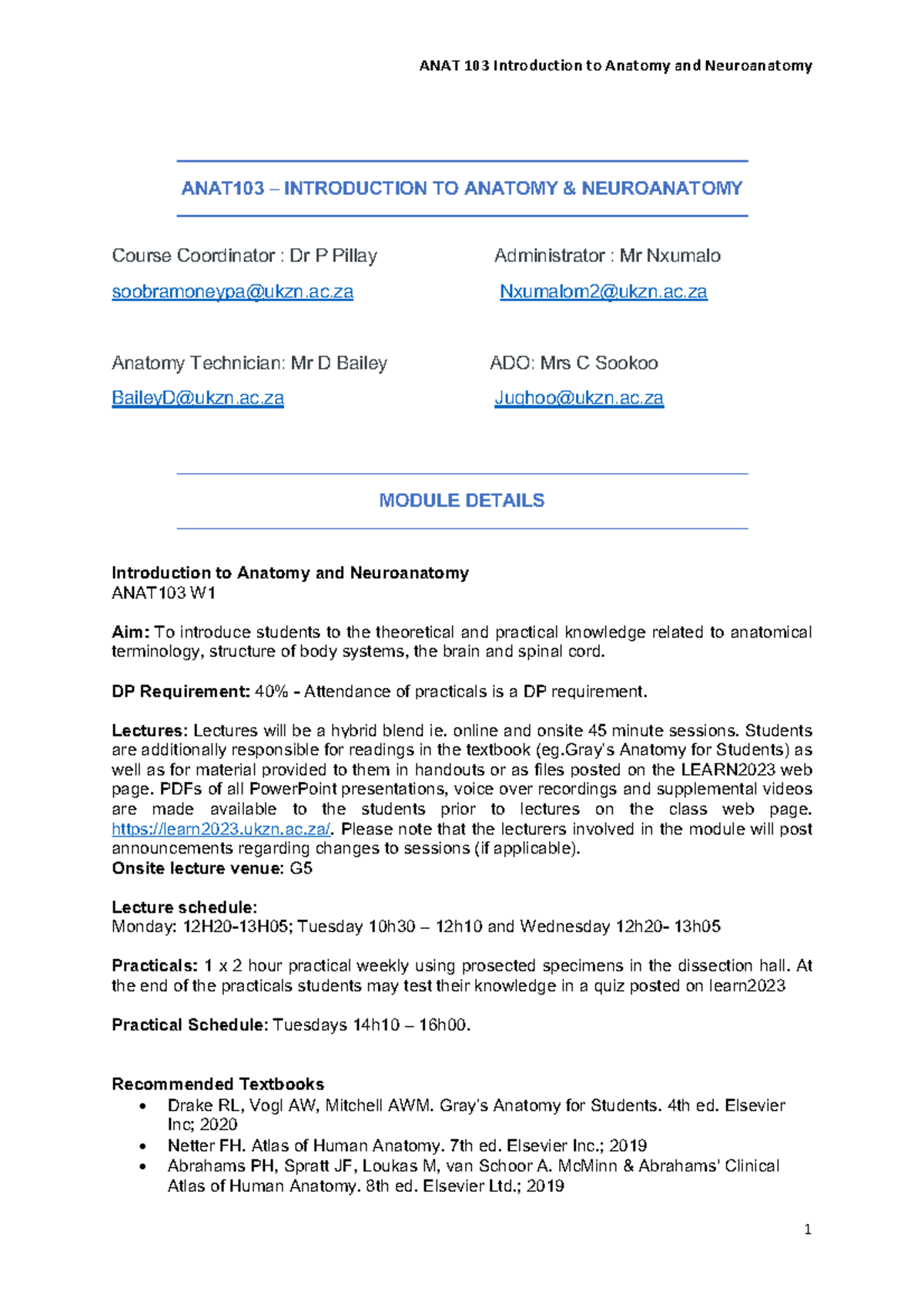 ANAT103 -Introduction to anatomy Module Guide - ANAT1 03 – INTRODUCTION ...