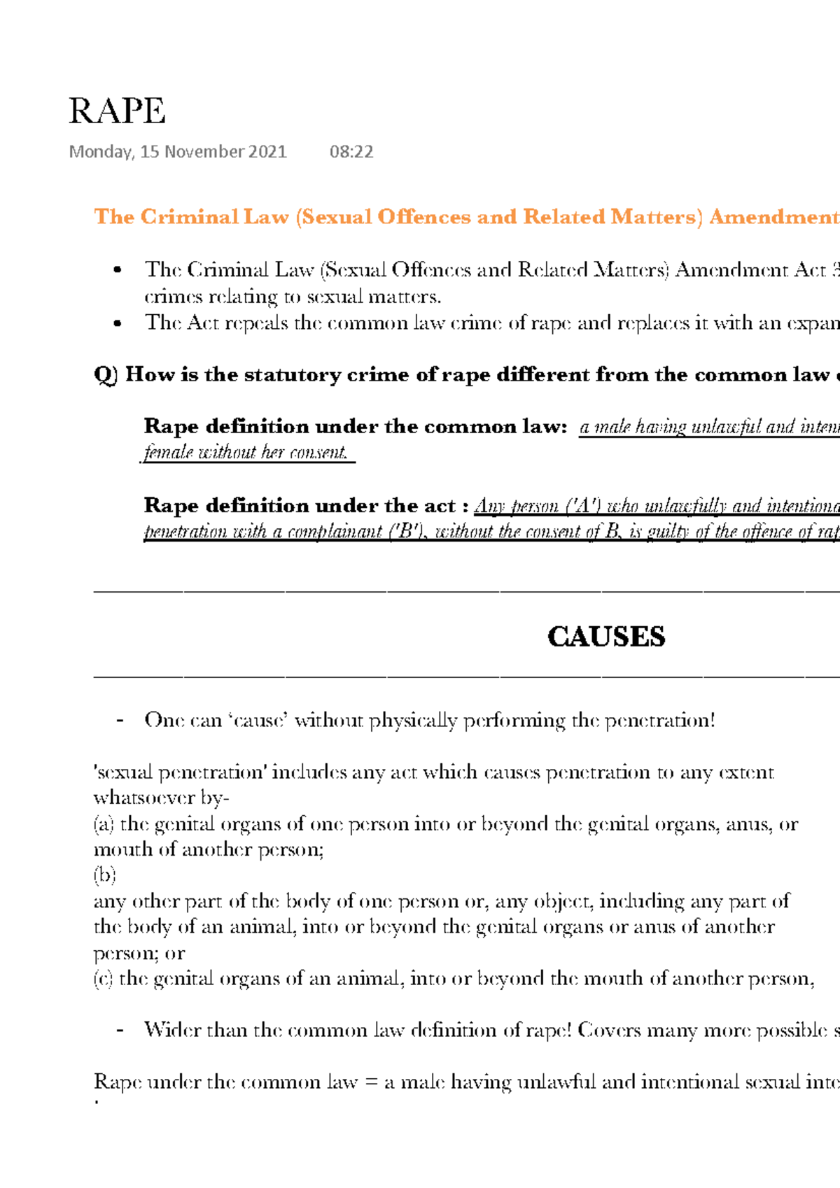 Criminal Law - RAPE - Lecture notes on Rape, definitions and exam ...
