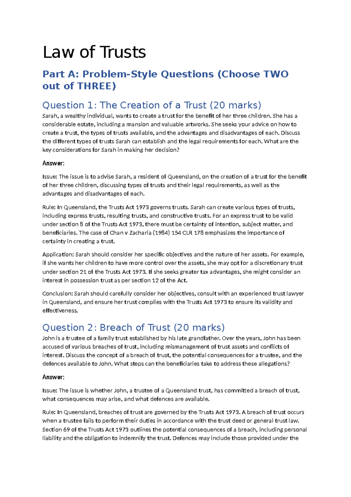 Practice Exam - Law of Trusts Part A: Problem-Style Questions (Choose ...