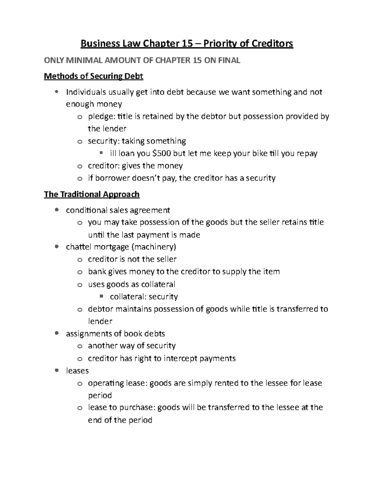 Business Law Chapter 15 - Priority of Creditors - Business Law Chapter ...