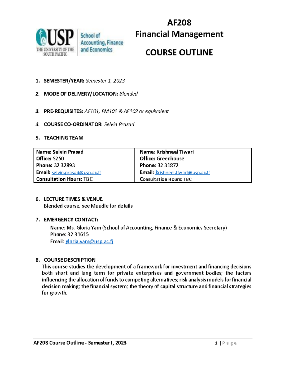 AF208 Course Outline Semester 1 2023 Draft - AF Financial Management ...