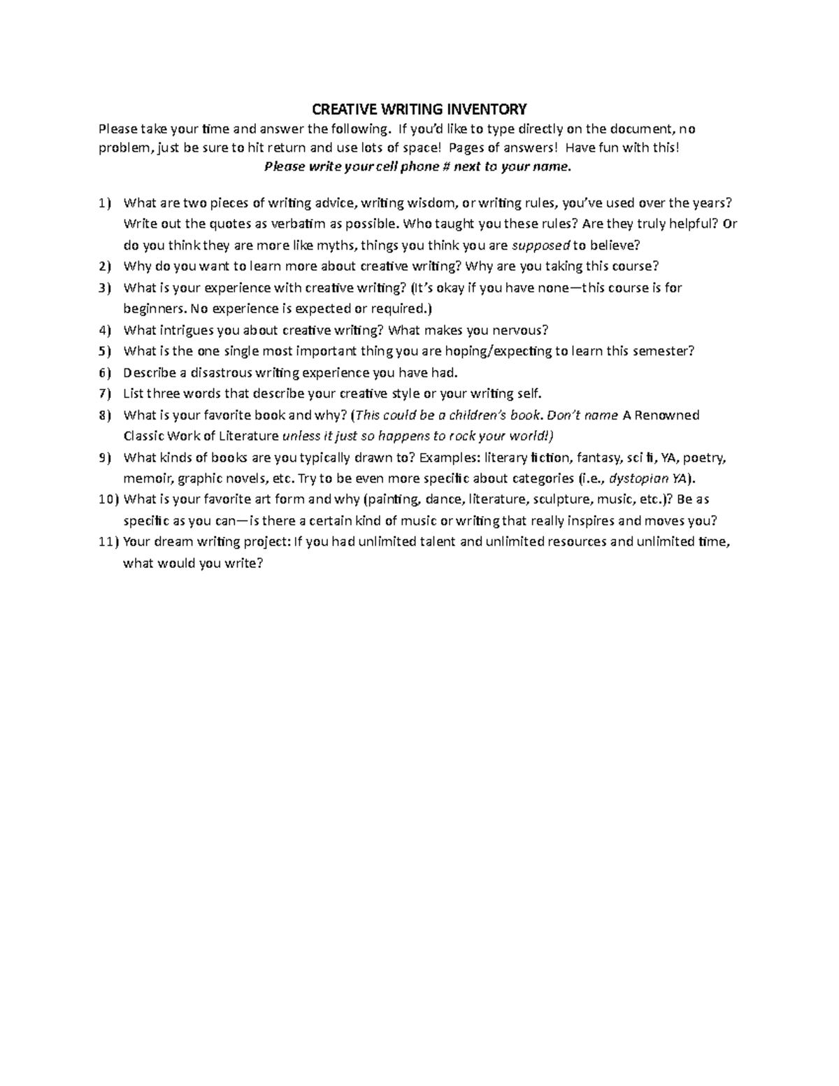 Creative Writing Inventory - CREATIVE WRITING INVENTORY Please take ...