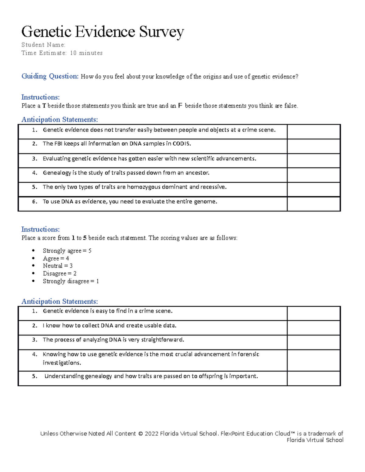 Genetic evidence survey - Genetic Evidence Survey Student Name: Time ...