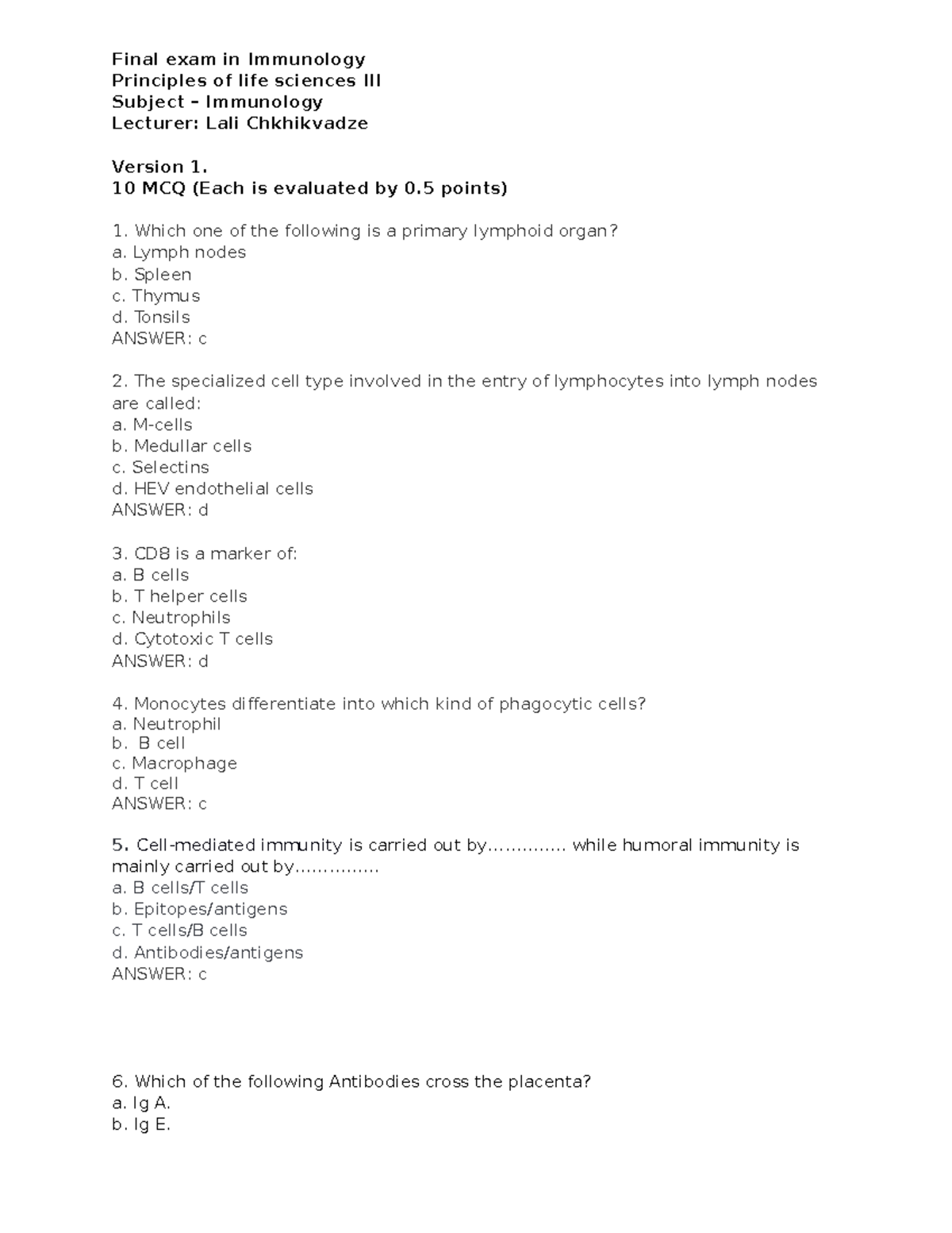2022-23 Final exam III sem immunology - Final exam in Immunology ...