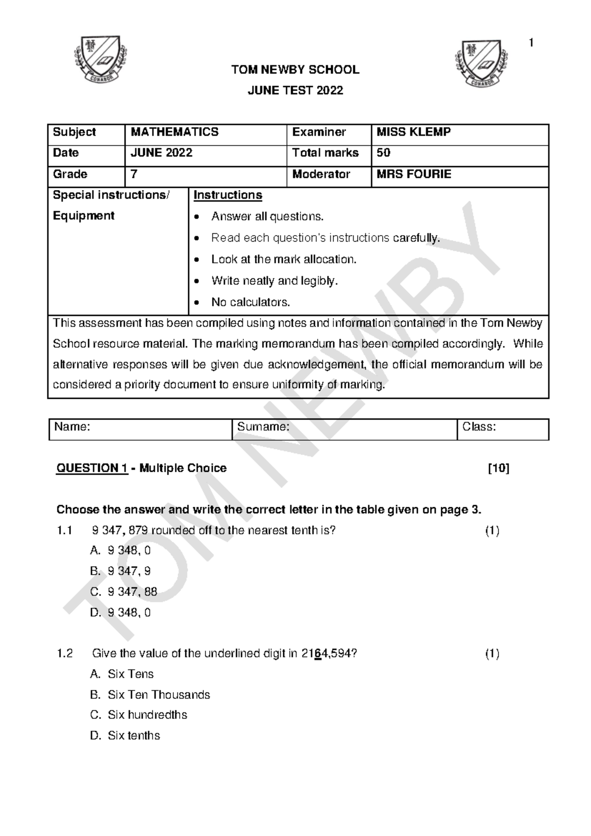 Grade 7 Maths Exam June 2022 - TOM NEWBY SCHOOL JUNE TEST 202 2 Subject ...