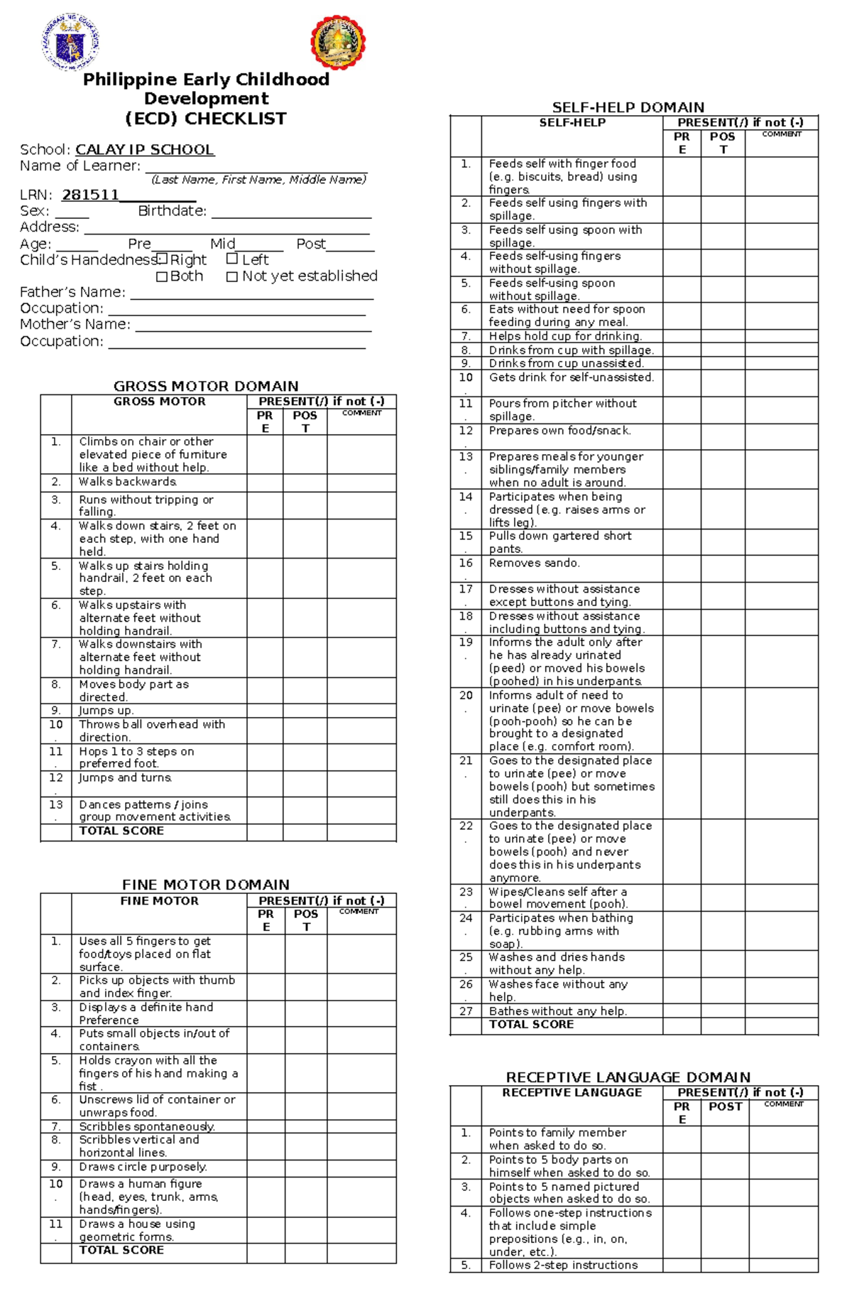 ECD Checklist 2024 2025 - Philippine Early Childhood Development (ECD ...