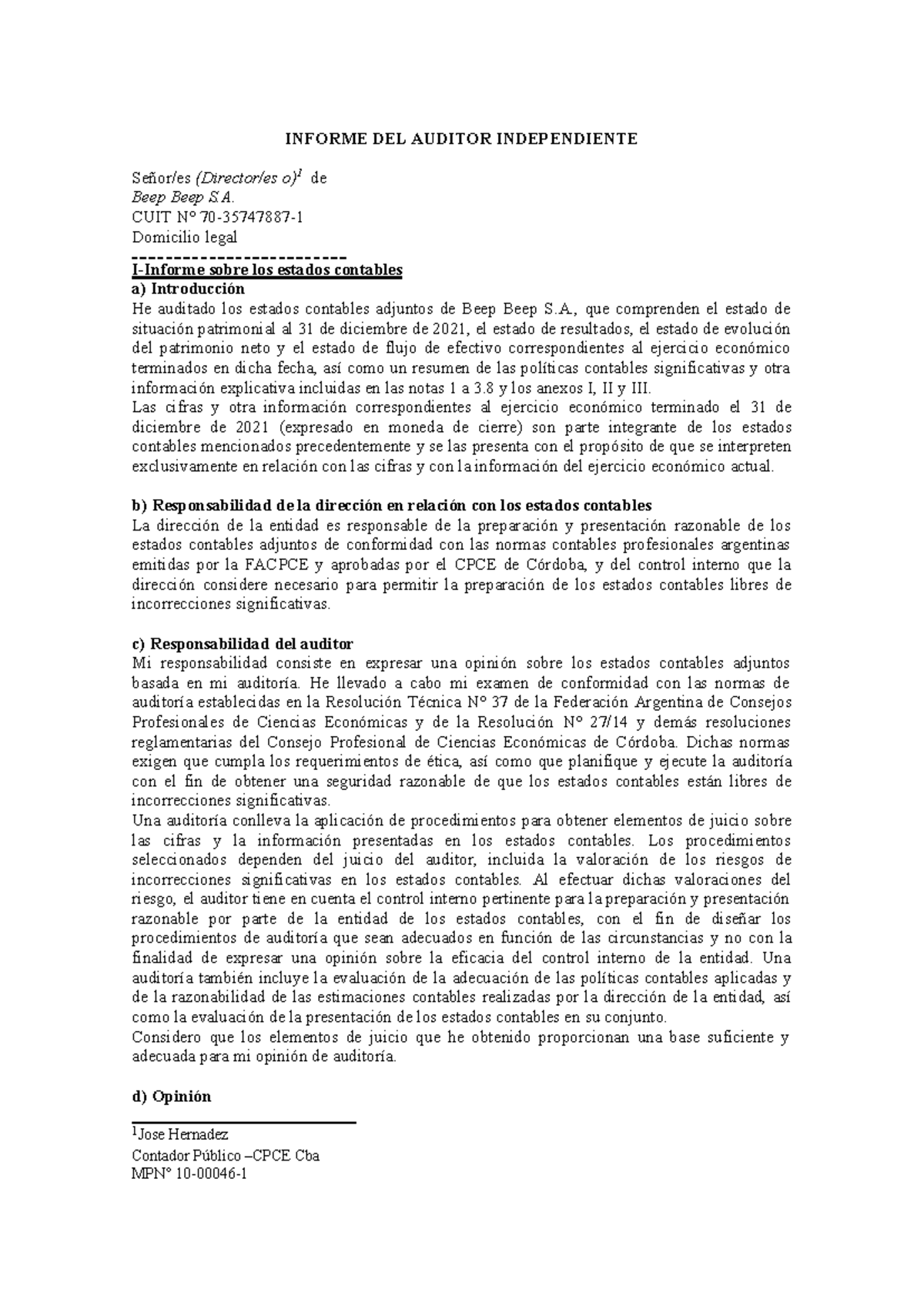TP3 - Documentación extra - INFORME DEL AUDITOR INDEPENDIENTE Señor/es (Director/es o) 1 de Beep ...