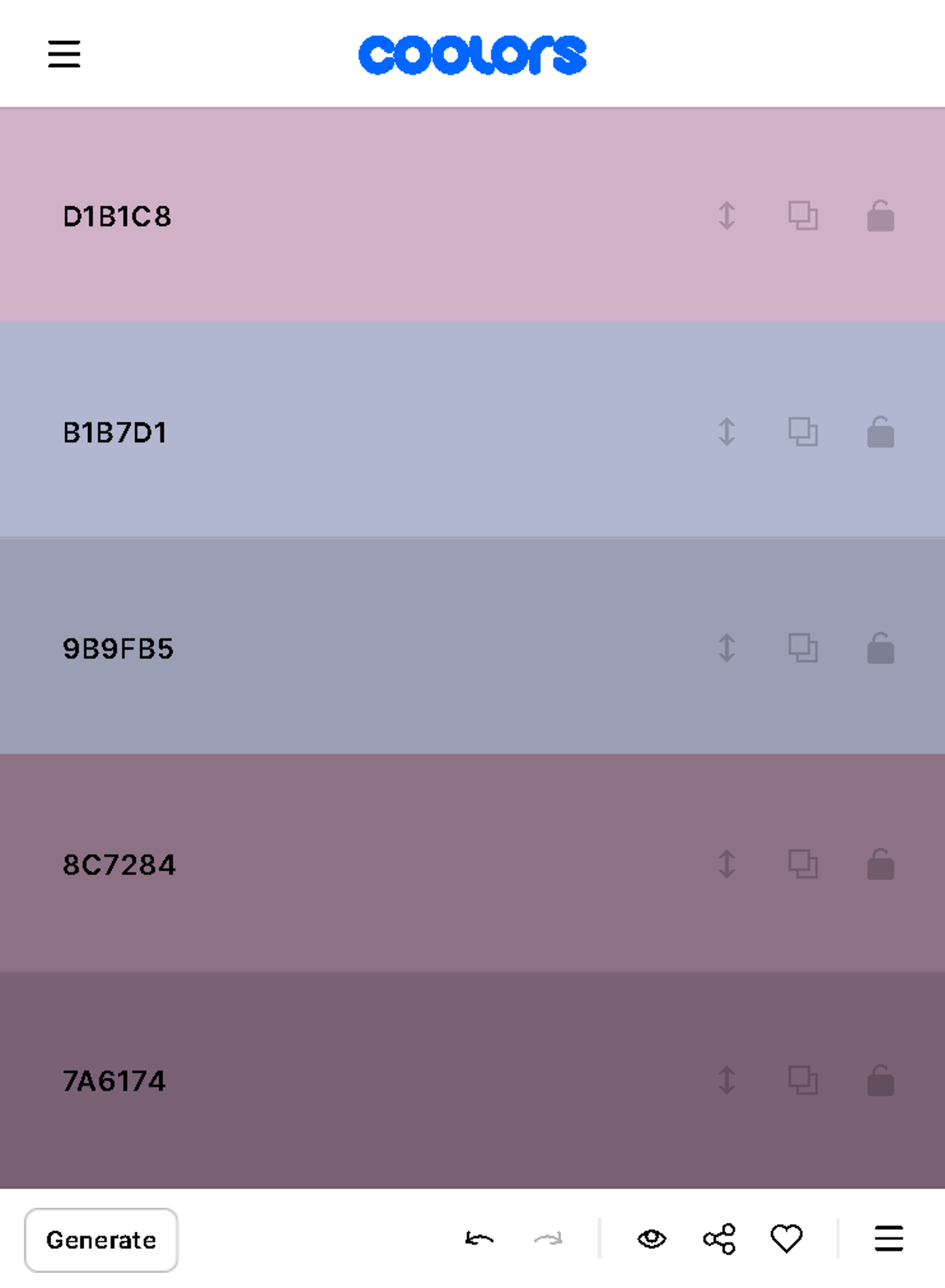 Create a Palette - Coolors 4 - MOA115 - D1B1C B1B7D 9B9FB 8C 7A - Studocu
