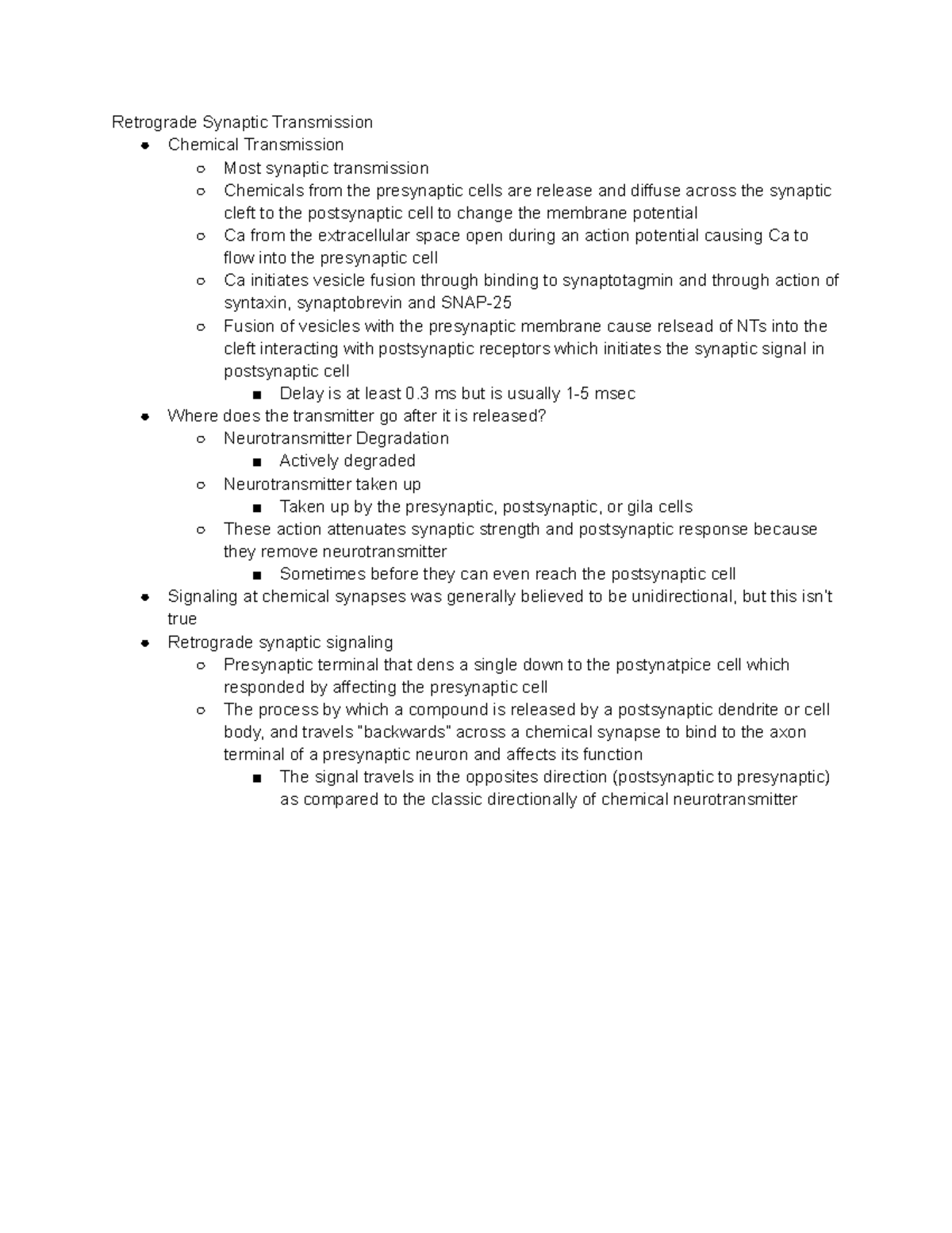 Neuro 3010 Notes Exam 3 - Retrograde Synaptic Transmission Chemical ...