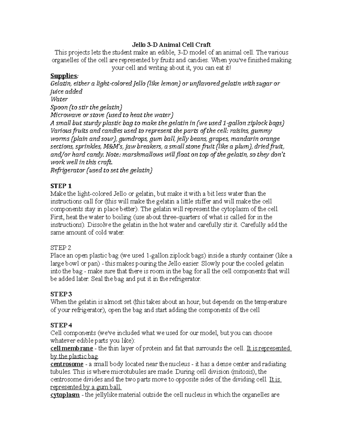 Animal Cell activity jello - Jello 3-D Animal Cell Craft This projects ...