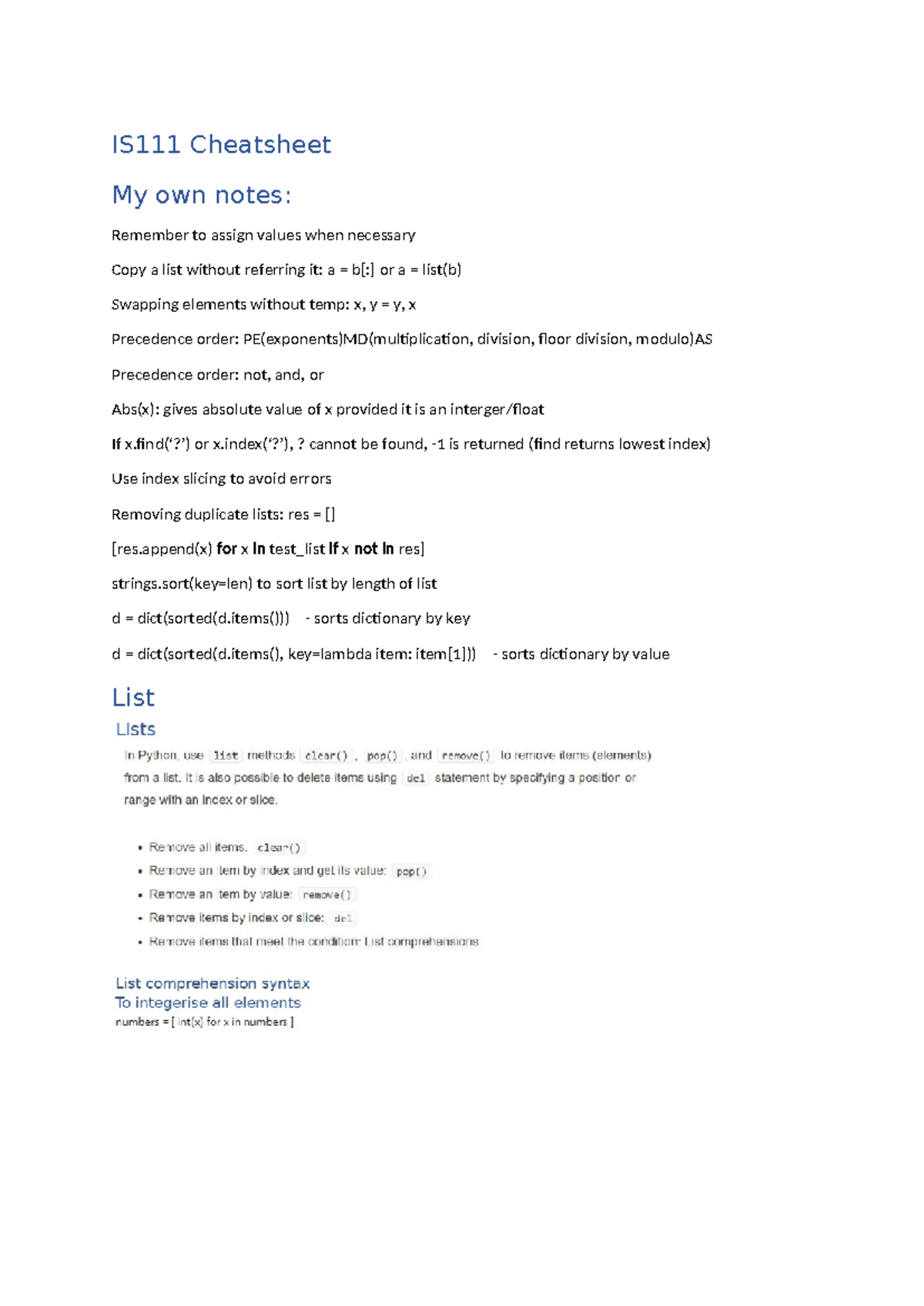 IS1704 Cheatsheet Lab 1 - IS111 Cheatsheet My own notes: Remember to ...