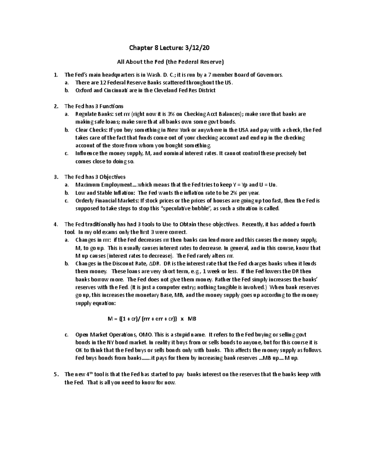 Chapter 8 Lecture Notes - Chapter 8 Lecture: 3/12/ All About the Fed ...