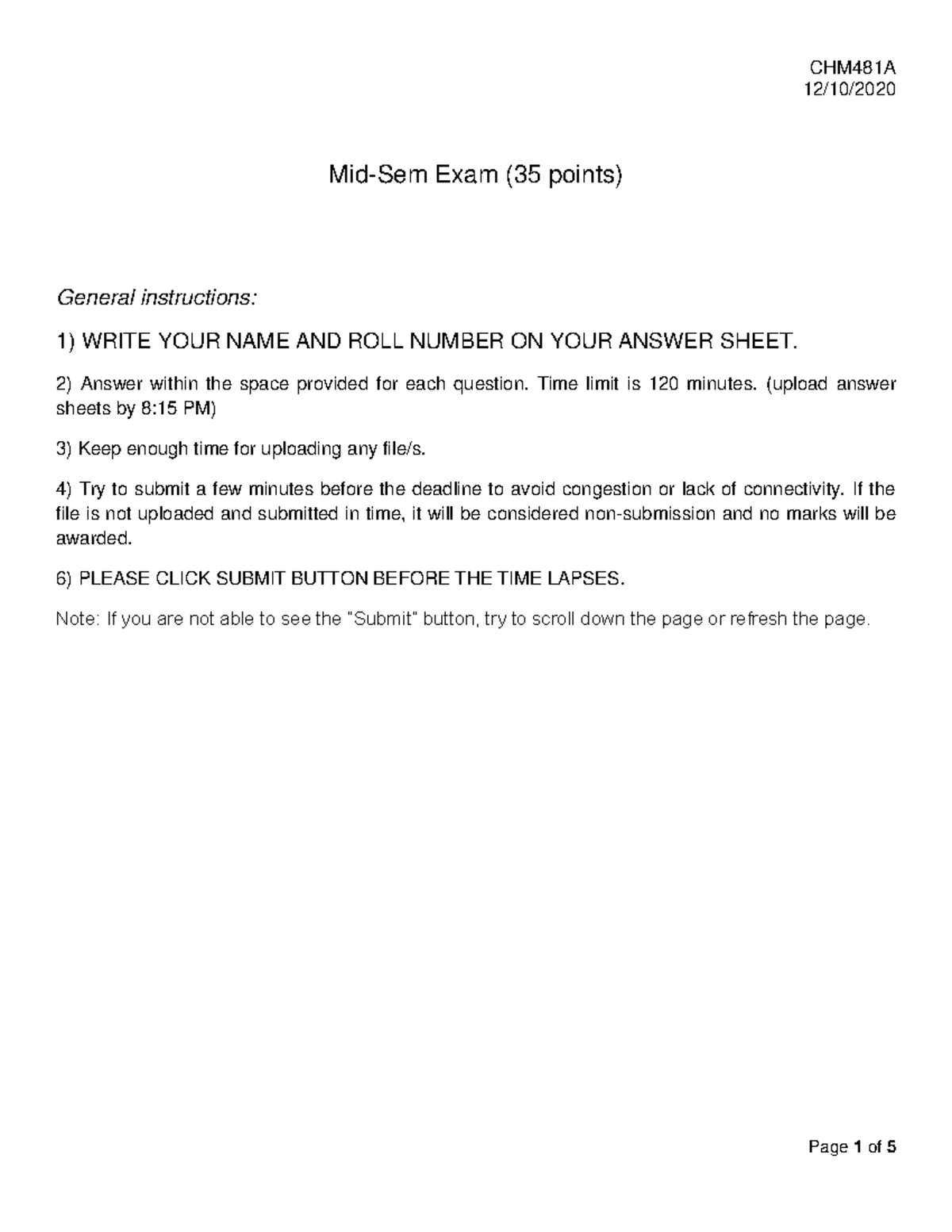 Mid term examination - 12/10/20 20 Mid-Sem Exam ( 35 points) General ...