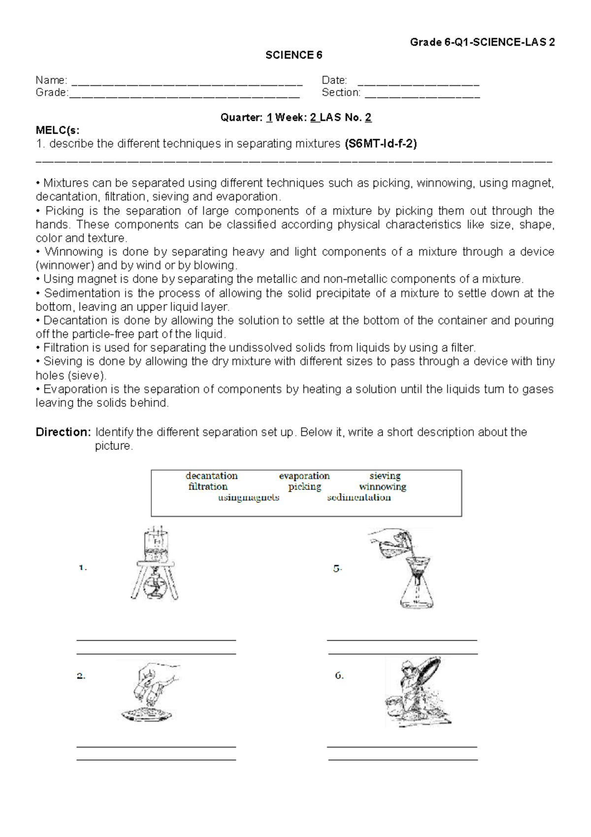Grade 6 Q1 Science LAS Week 2 - Grade 6-Q1-SCIENCE-LAS 2 SCIENCE 6 Name ...