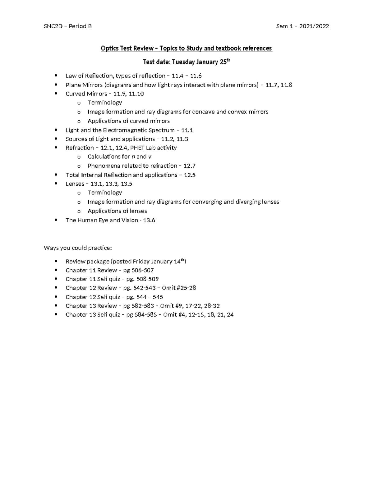Copy of Test Topics & Text References - Optics Period B - SNC2D ...