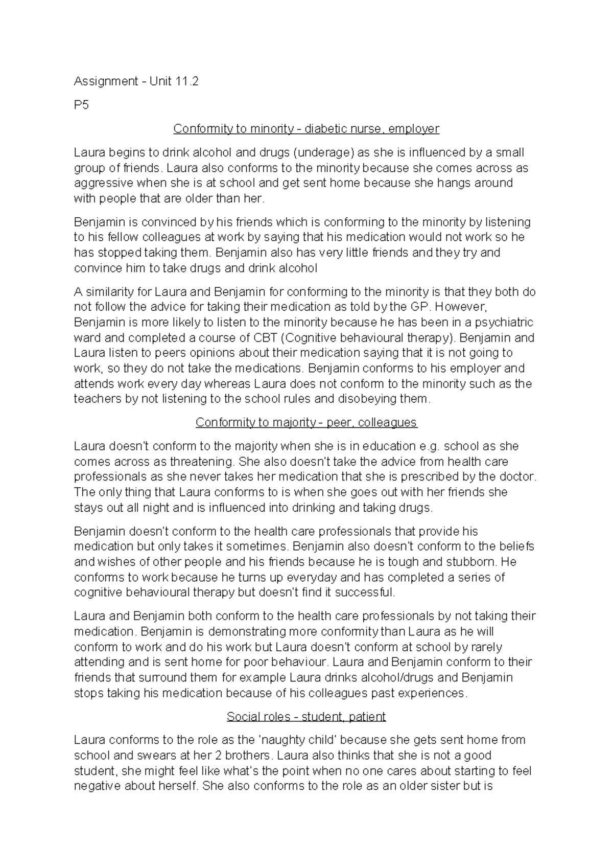 Assignment 11 - Assignment - Unit 11. P Conformity to minority - diabetic nurse, employer Laura ...