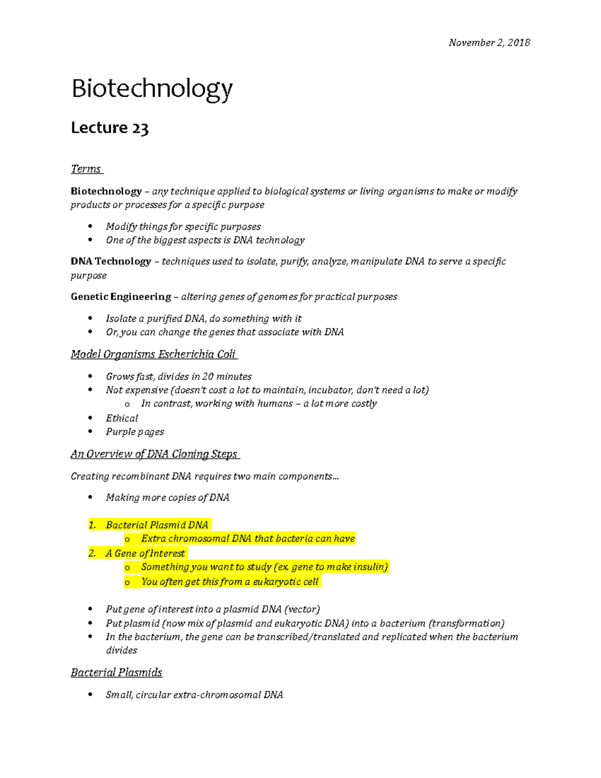 Biotechnology Lecture Notes - November 2, 2018 Biotechnology Lecture 23 ...