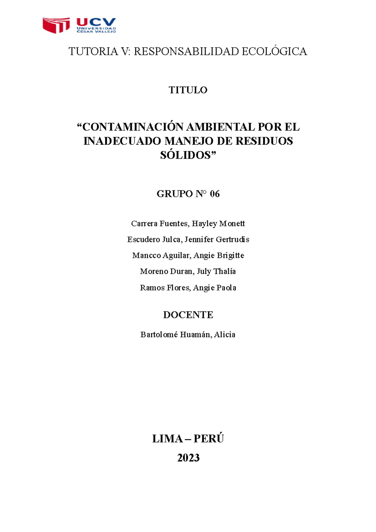 Tutoria V -Problemática ambiental - TUTORIA V: RESPONSABILIDAD ECOLÓGICA TITULO “CONTAMINACIÓN ...