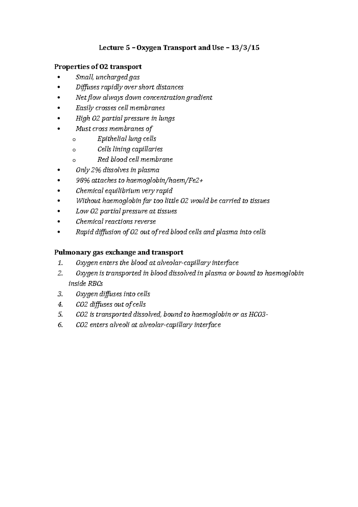 Lecture 5 Oxygen transport and use 13-3-15 - Lecture 5 Oxygen Transport ...