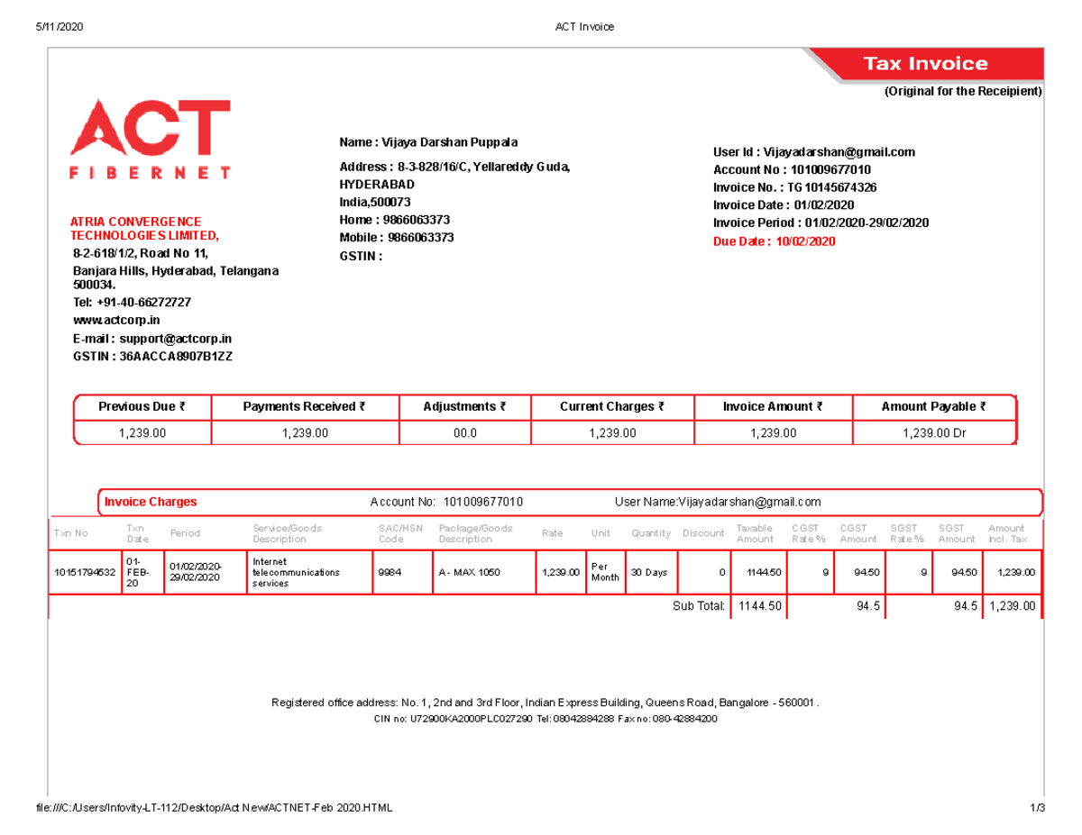 ACT Invoice- Feb2020 - practice material - 5/11/2020 ACT Invoice - Studocu