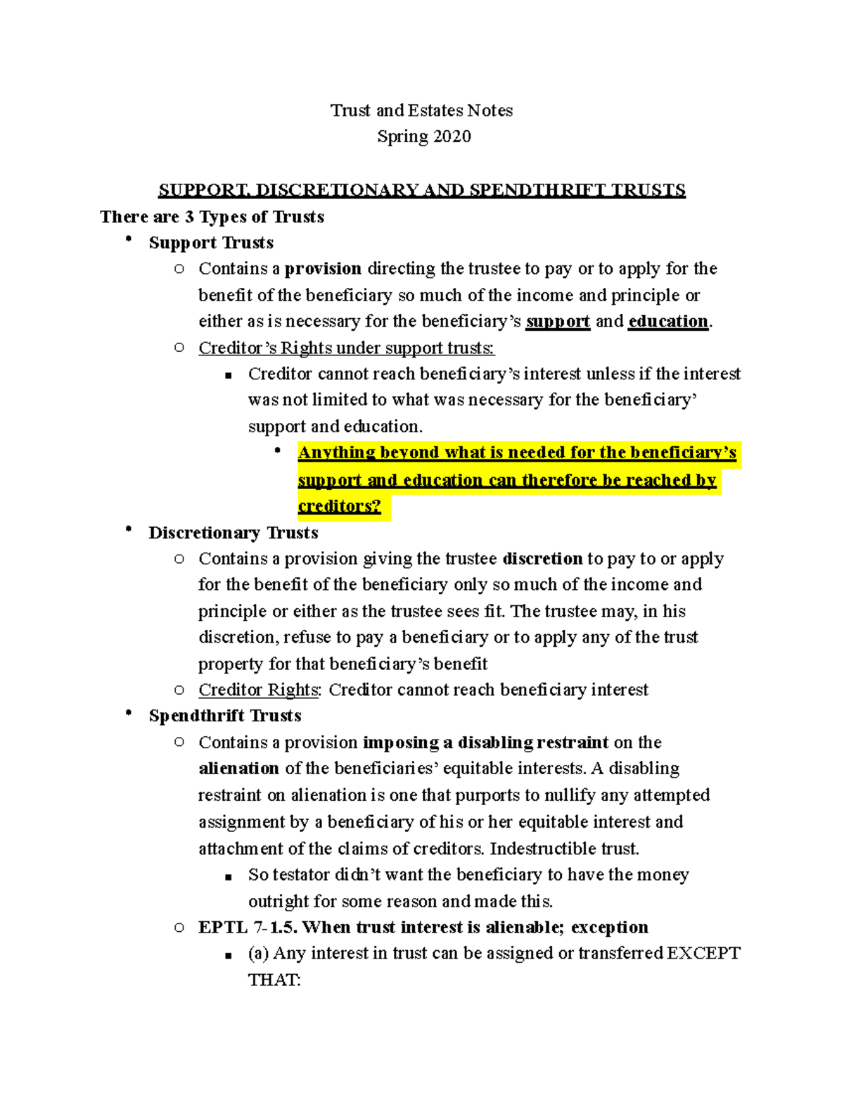 Support, Discretionary AND Spendthrift Trusts - Trust and Estates Notes ...