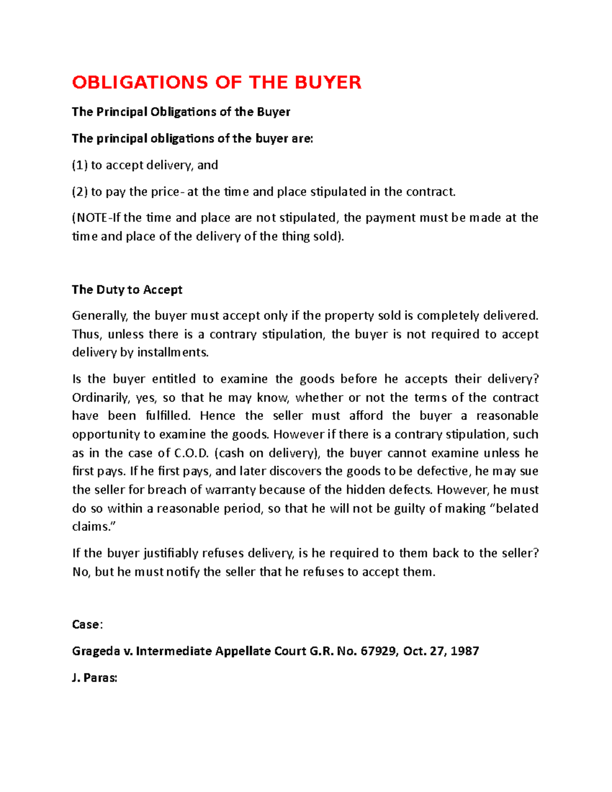 Obligations of the Buyer - (NOTE-If the time and place are not ...