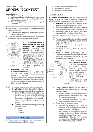 [Group Dynamics] Chapter 1 - What are Group Dynamics - Continuation... Psych 113_Session 2 ...