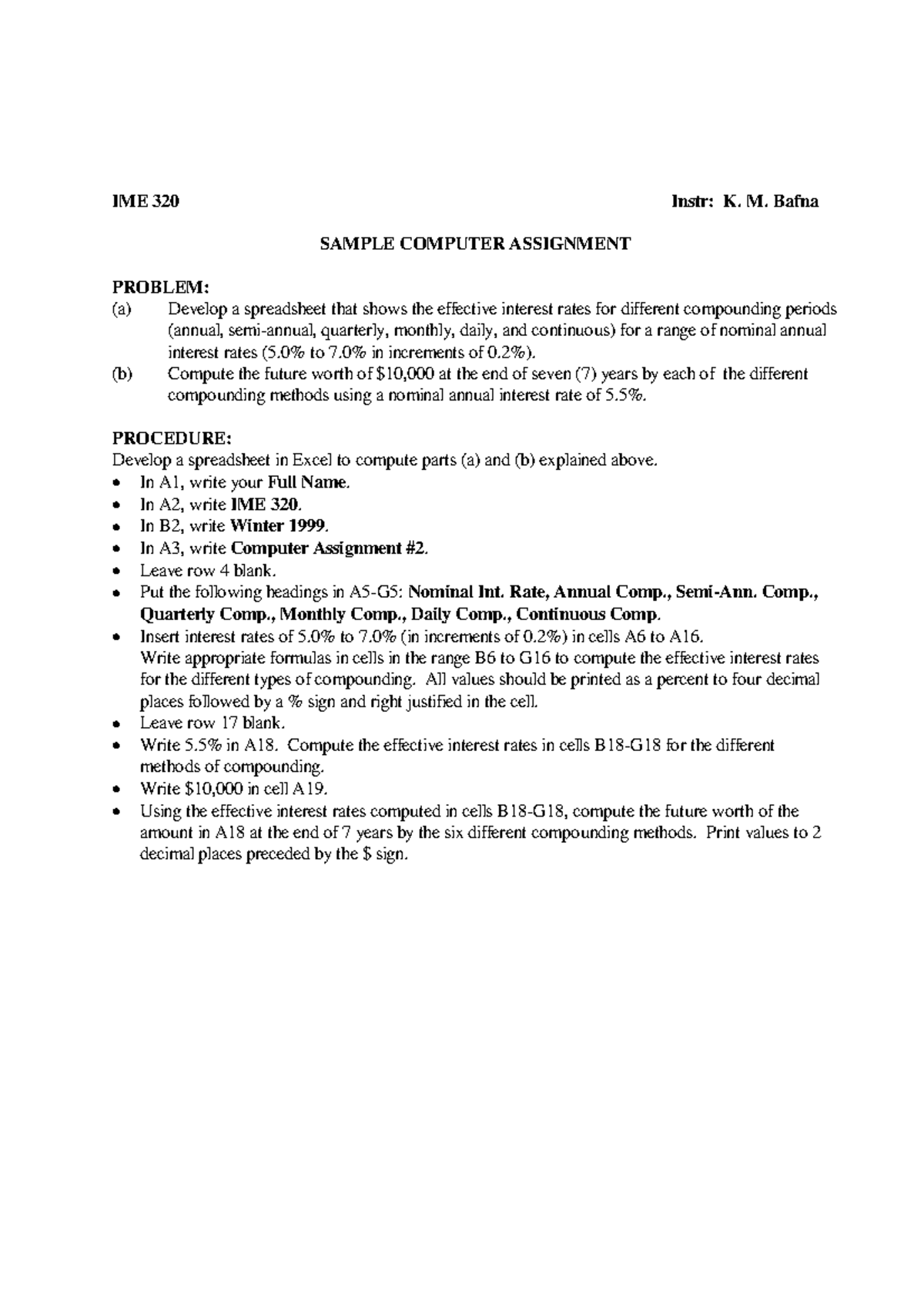 IME 3200 sample assignment - IME 320 Instr: K. M. Bafna SAMPLE COMPUTER ...