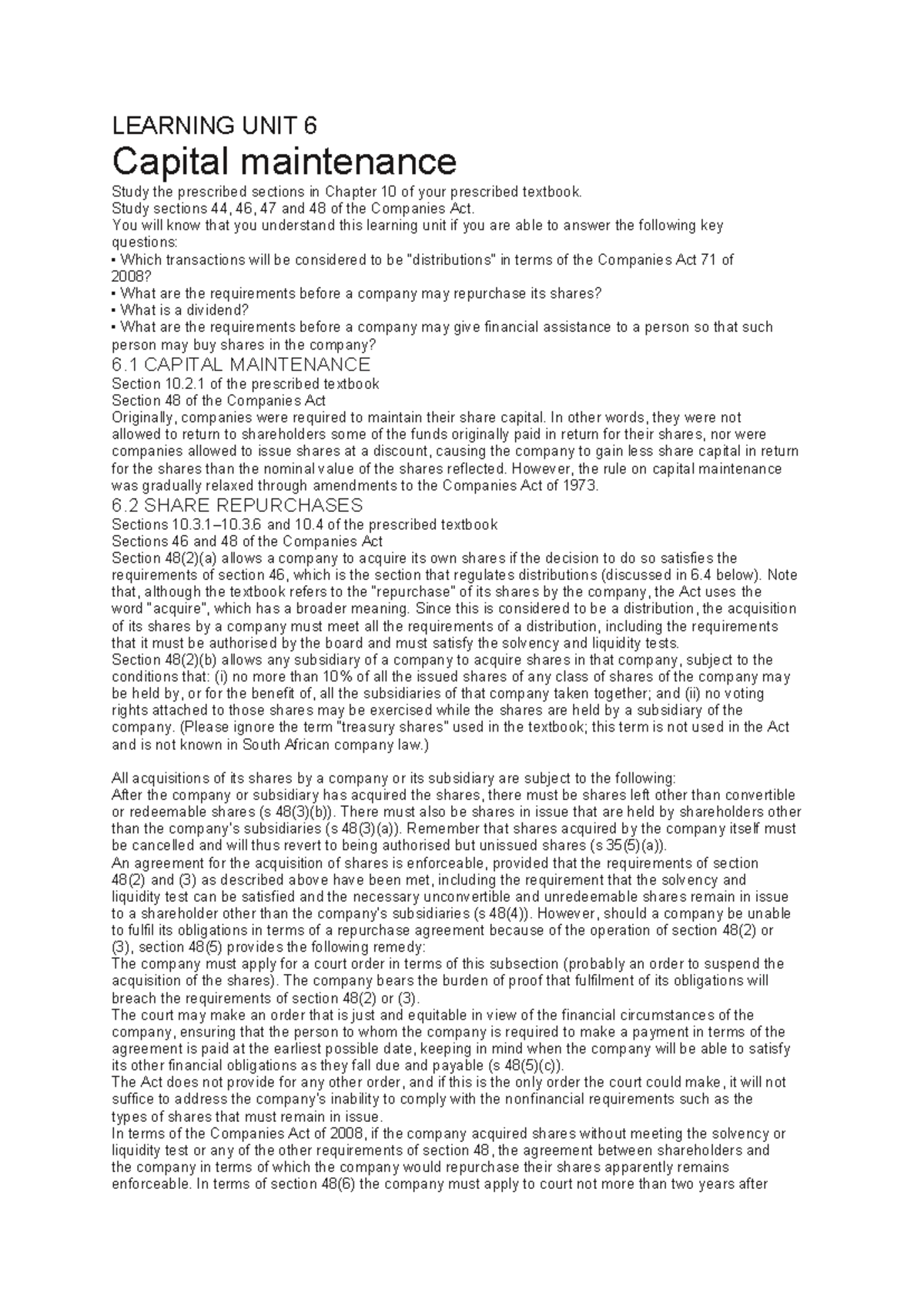 Learning UNIT 6 - Detailed study unit 6 - LEARNING UNIT 6 Capital maintenance Study the ...