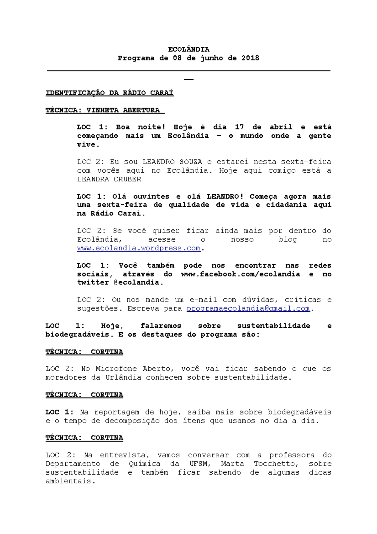 Script do programa - Exemplo de roteiro radiofônico - ECOLÂNDIA Programa de 08 de junho de 2018 ...