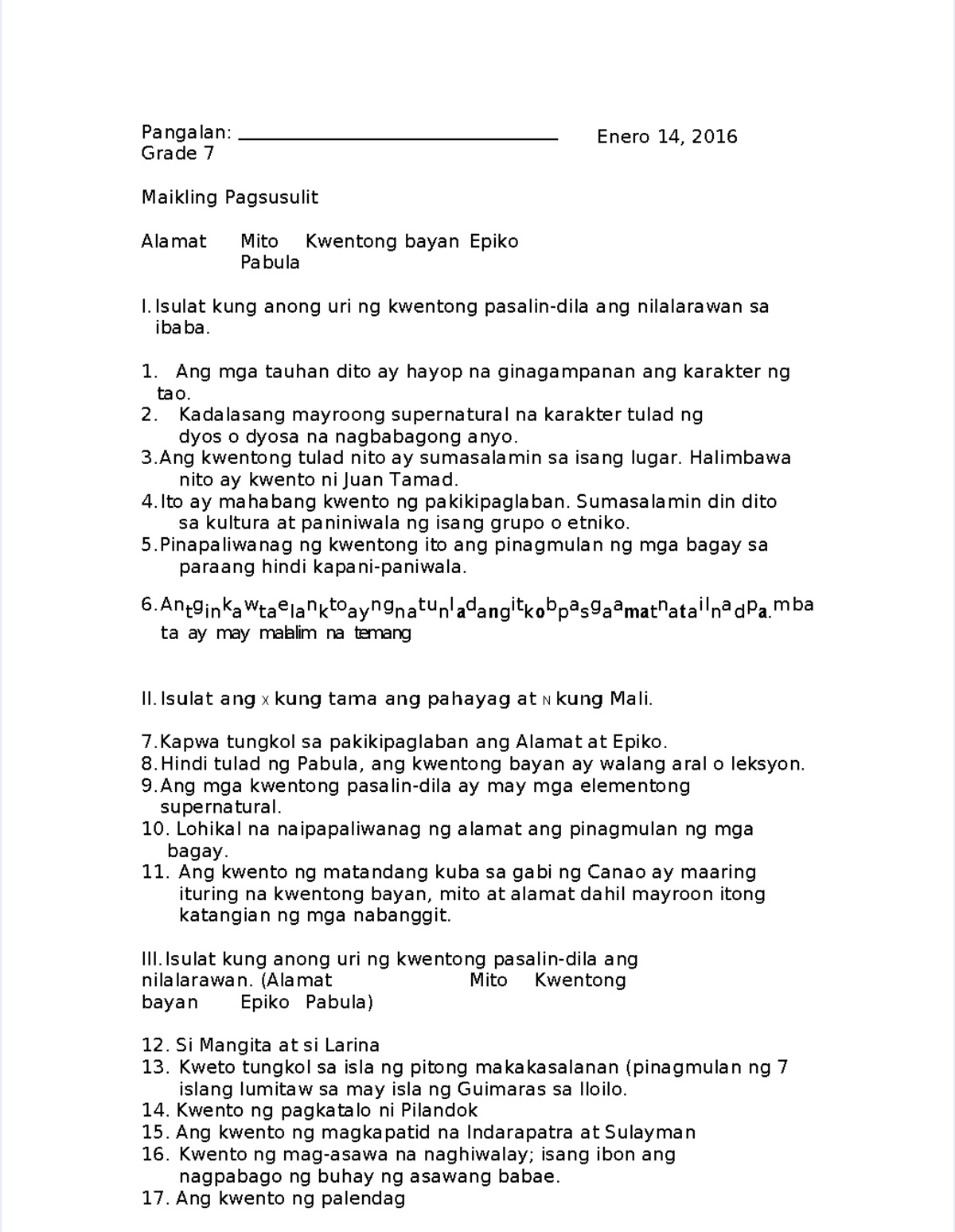 Pdf-pagsusulit - Pangalan: Grade 7 Maikling Pagsusulit Alamat Mito Kwentong bayan Epiko Pabula ...