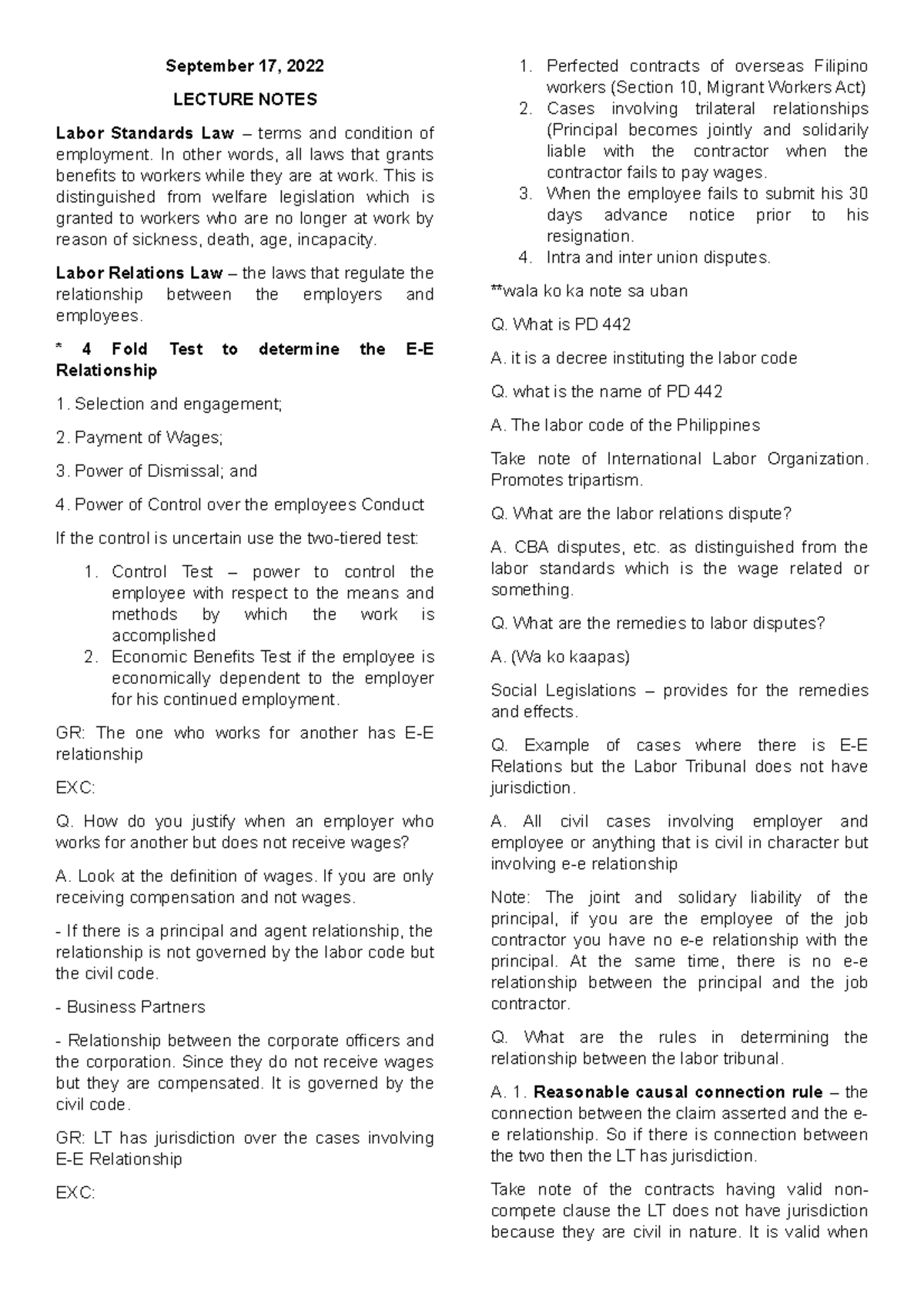 Labor Law Review Lecture Notes - September 17, 2022 LECTURE NOTES Labor ...