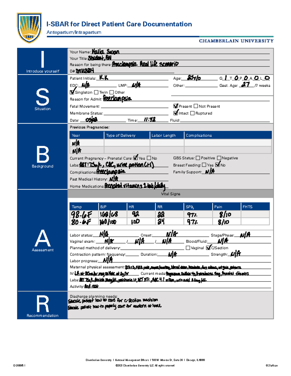 Isbar preeclampsia - 12-200085 ©2021 Chamberlain University LLC. All ...