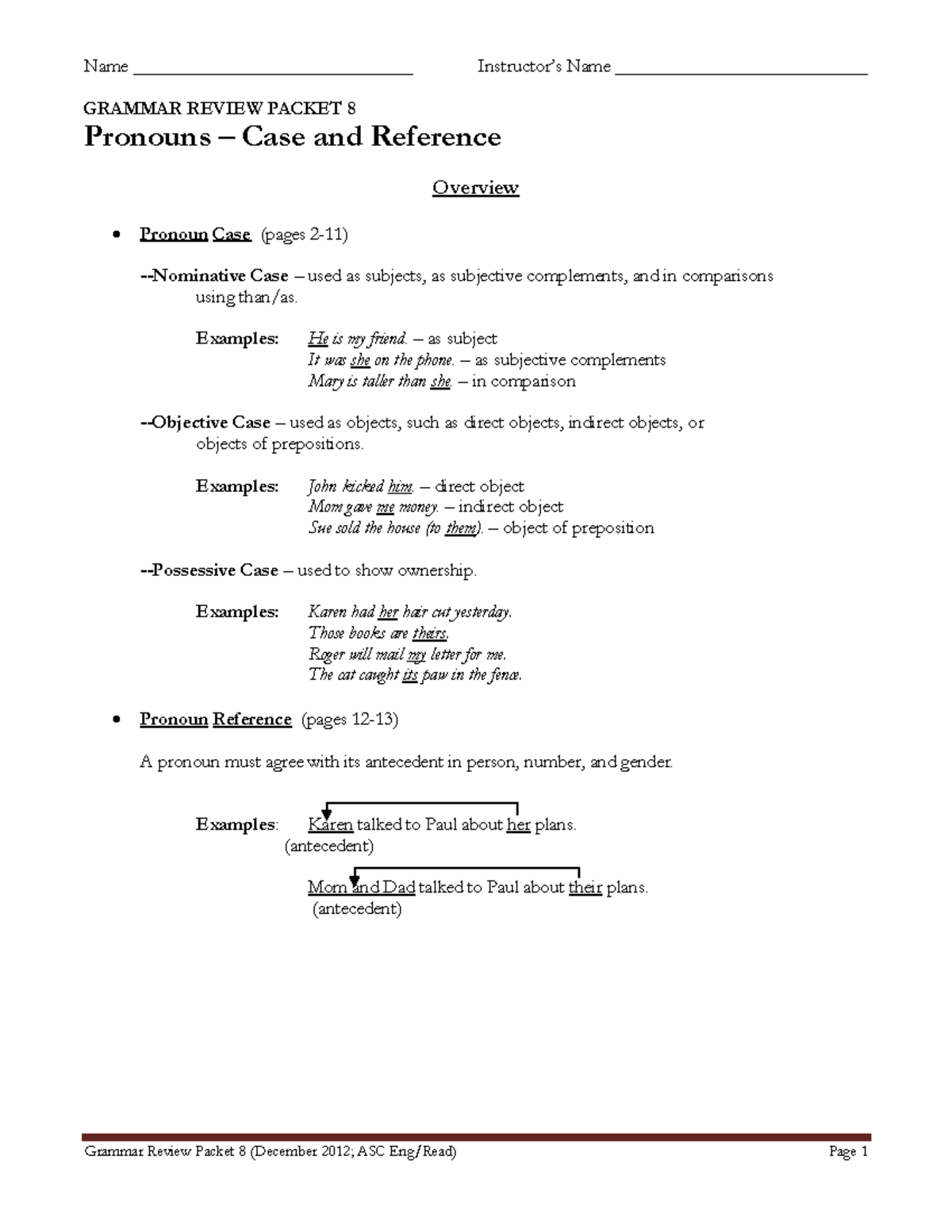 Grammar review packet 8 pronouns - Name ...