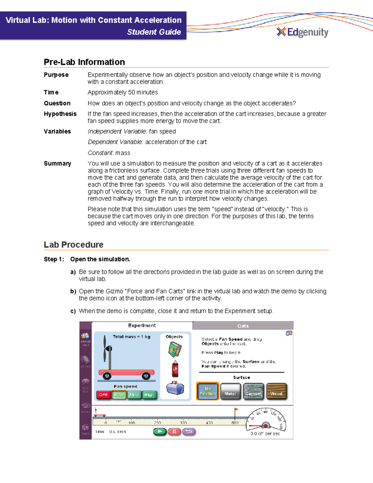 Virtual Lab Guide - Motion with Constant Acceleration- Student Guide ...