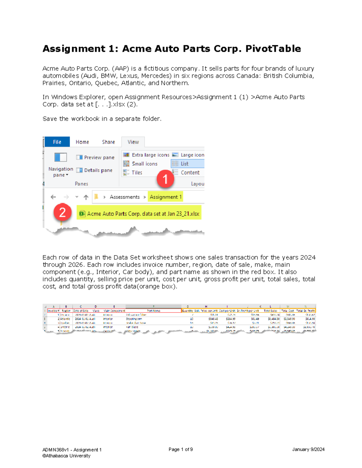 ADMN 368v1 Assignment 1 Instructions - Assignment 1: Acme Auto Parts Corp. PivotTable Acme Auto ...