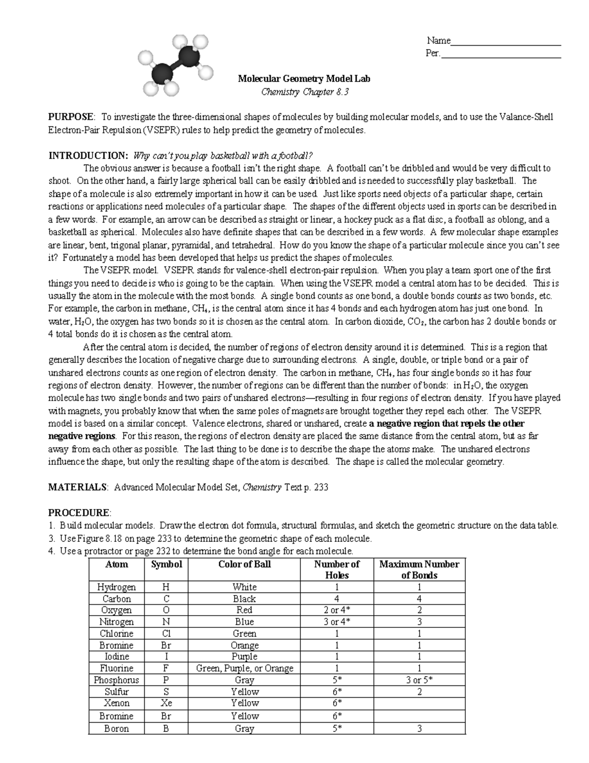 Molecular Models Lab - work - Name_______________________ Per ...