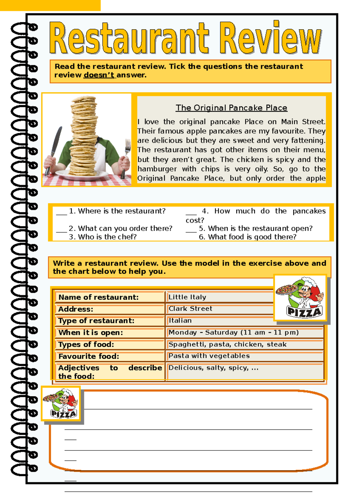 Restaurant review reading comprehension - The Original Pancake Place I ...