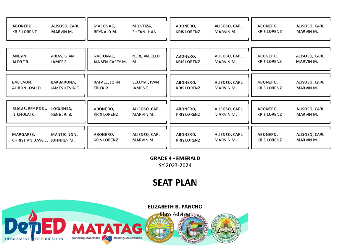 Sample SEAT-PLAN - GRADE 4 - EMERALD SY 2023- SEAT PLAN ELIZABETH B ...
