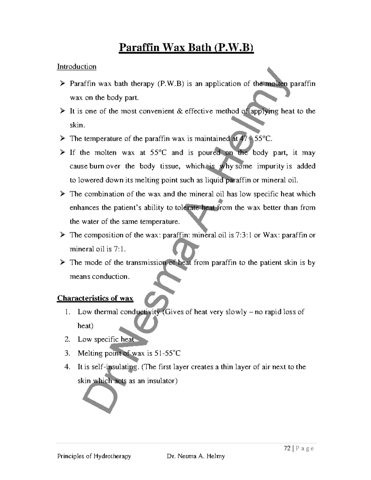 Paraffin wax moodle - Hydrotherapy lecture - 72 | P a g e Paraffin Wax ...