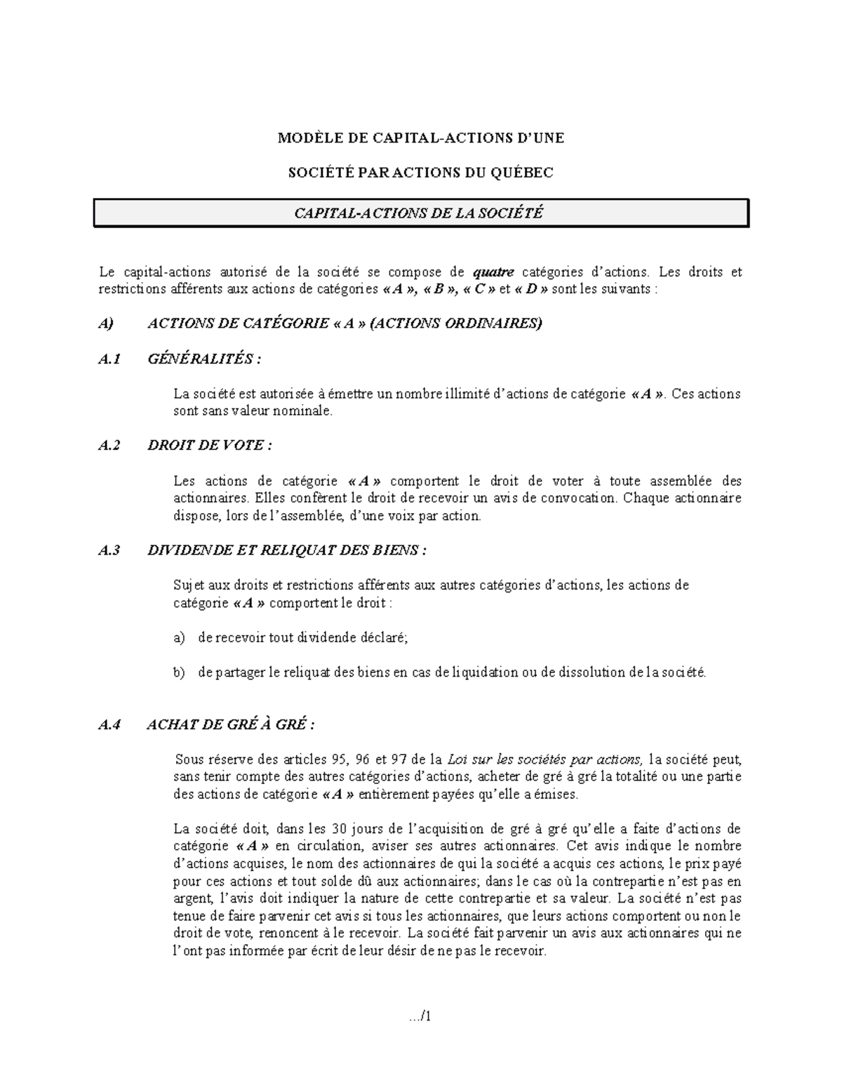 3.03 Modèle de capital-actions société par actions du Québec - MODÈLE ...