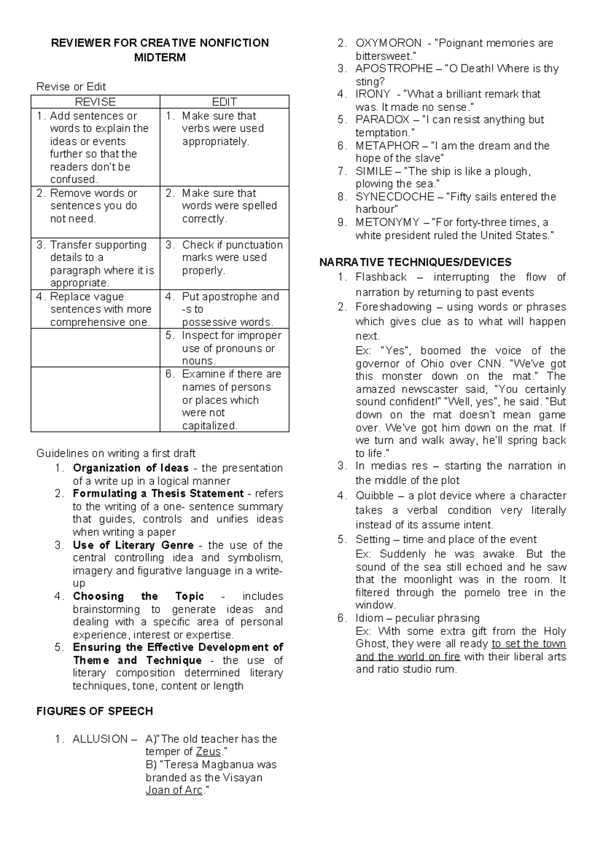 Creative Non Fiction Notes - REVIEWER FOR CREATIVE NONFICTION MIDTERM ...